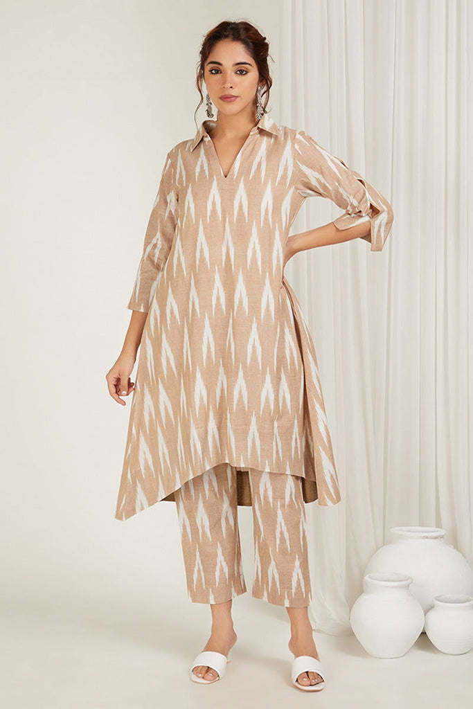 Beige Ikat High-Low Kurta Set – Cyan India