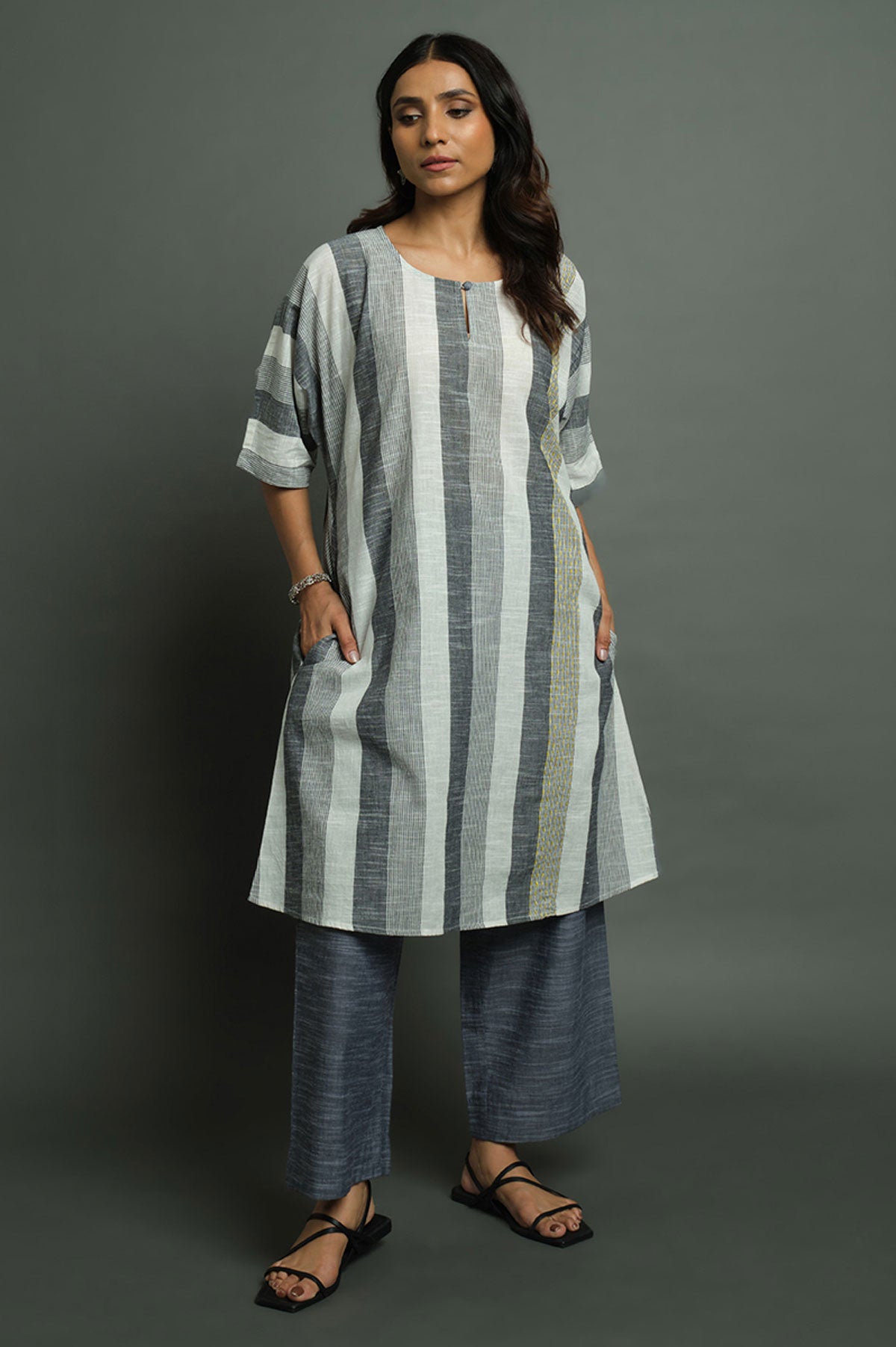 Cotton Bold Stipes Kurta – Cyan India